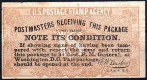 Stamp: Postmasters Receiving This Package... - Barber signature (United ...