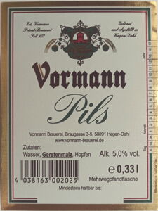 Drink Label: Vormann Pils (Vormann Brauerei, Hagen, Germany, Federal ...