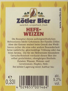 Drink Label: Zotler Bier Hefe-Weizen (Privat-Brauerei Zötler, Germany ...