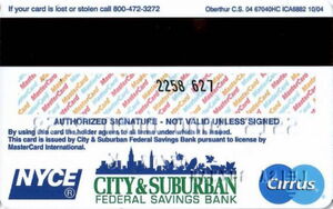Bank Card: Master Money Card (City&Suburban Federal Savings Bank ...