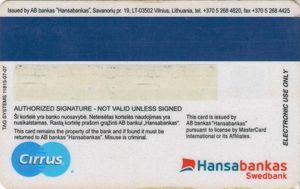 Bank Card: Maestro 07/07 (Hansabankas, LithuaniaCol:LT-MS-0023