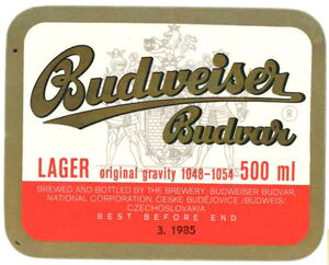 Drink Label: Budweiser Budvar Lager (Budweiser Budvar, N.C., Czech ...