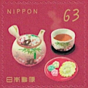Stamp: Kaga stick tea and rakugan, chrysanthemum crackers (Japan ...