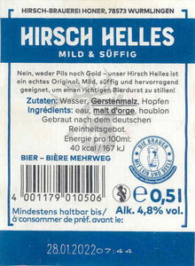 Drink Label: Hirsch Helles (Hirsch-Brauerei Honer GmbH & Co., Germany ...