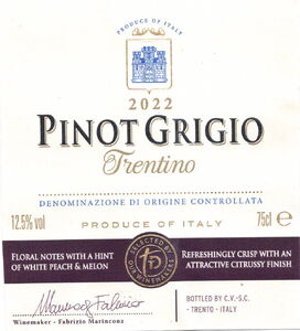 Drink Label: Pinot Grigio Trentino Denominazione di origine controllata ...
