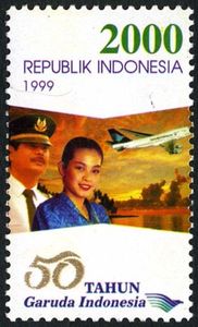 Stamp: Pilot, Stewardess, Boeing 747 (Indonesia(50th Anniversary of ...