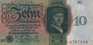 Banknote: 10 Reichsmark (Germany(1924 Issue - Reichsbanknote) Wor:P ...