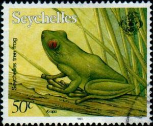 Stamp: Seychelles tree frog (Tachycnemis seychellensis) (Seychelles ...