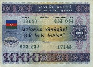 Banknote: 1,000 Manat (Azerbaijan) (1993 "State Loan Bonds" Issue) Wor ...