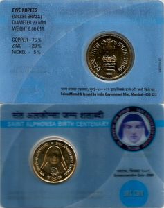 Coin: 5 Rupees (Saint Alphonsa Birth Centenary) (India, Republic) (1957 ...