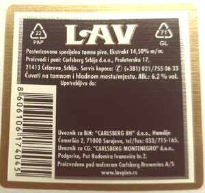 Drink Label: LAV Tamno Pivo (Pivara Čelarevo /Carlsberg Serbia/, SerbiaCol:RS-BEER-000721