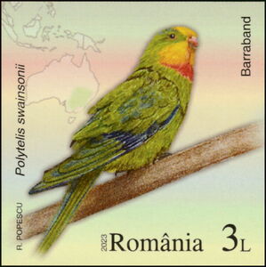 Stamp: Superb Parrot (Polytelis swainsonii) (Romania(Parrots of the ...