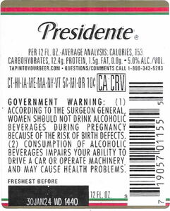 Drink Label: Presidente Pilsner Style (Presidente Cerveza, United ...