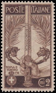 Stamp: Sword wielded by a hand, perf. 13½ (Italy(50th Anniversary of ...