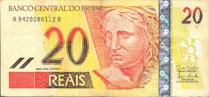 Billete de Banco: 20 Reais (Brasil) (2001-2012 ND Issue) Wor:P-250d,Ww ...