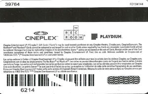 Gift Card: Cineplex (Cineplex, Canada(Cineplex) Col:CA-CIN-151-FD104144