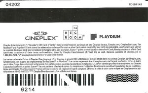 Gift Card: Merci (Cineplex, Canada(Cineplex) Col:CA-CIN-152-FD104149