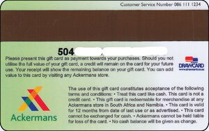 Gift Card: Ackermans (Ackermans, South Africa(Ackermans) Col:ZA-Acker-001 💳