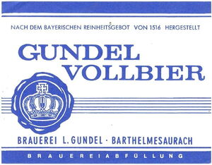Drink Label: Gundel Vollbier (Brauerei Gundel, Barthelmesaurach ...