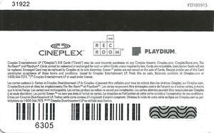 Gift Card: Cineplex (Cineplex, Canada(Cineplex) Col:CA-CIN-153-FD105915