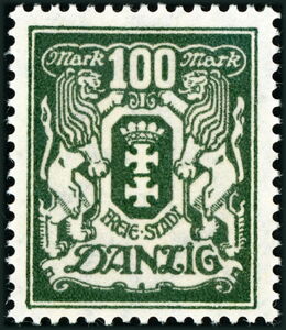 Stamp: The coat of arms of Danzig with lions (Free City of Danzig ...
