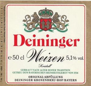 Drink Label: Deininger Weizen (Deininger Kronenbräu, Germany, Federal ...