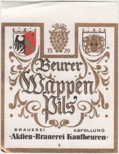 Drink Label: Beurer Wappen Pils (Aktienbrauerei Kaufbeuren AG, Germany ...