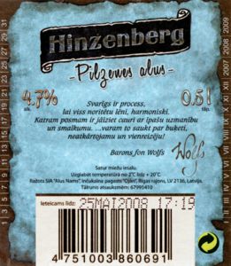 Štítok z nápoja: Heinzenberg Pilzenes alus (Alus Nams, LotyšskoCol:LV ...