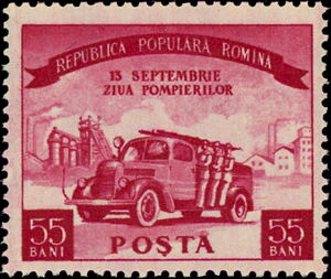 Stamp: Fire engine with crew in front of an industrial plant (RomaniaMi ...