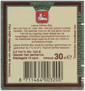 Drink Label: Leeuw Donker Bier (Brouwerij De Leeuw, NetherlandsCol:NL ...