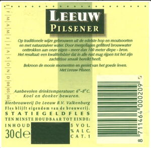 Drink Label: Leeuw Pilsener (Brouwerij De Leeuw, NetherlandsCol:NL-BEER ...