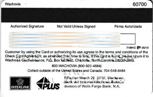 Bank Card: Wachovia - CHECK CARD 05/10 (Wachovia, United States of ...