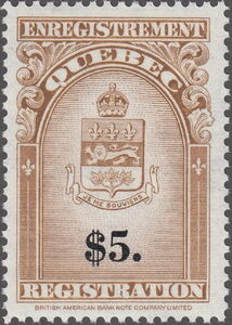 Stamp: Coat of Arms of Quebec (Quebec: Revenue Stamps(Registration) Bar ...
