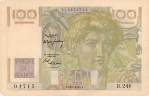 Banknote: 100 Francs (France(1945-1957 Issue) Wor:P-128b.5