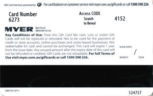 Gift Card: My Returns card (Myer, Australia(Returns card) Col:AU-MY-101 ...