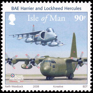Stamp: BAE Harrier and Lockheed Hercules (Isle of Man(90th Anniv of ...