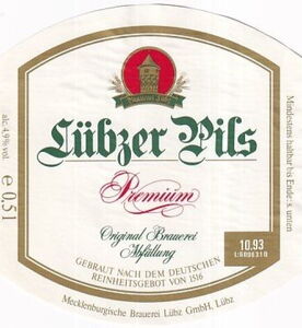 Drink Label: Lübzer Pils (Mecklenburgische Brauerei, Germany, Federal ...