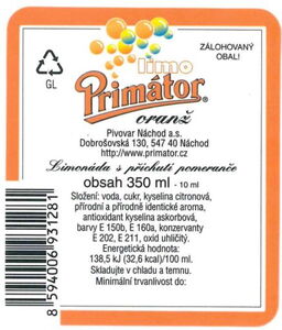 Drink Label: Primator oranz (Pivovar Primátor Náchod, Czech RepublicCol ...