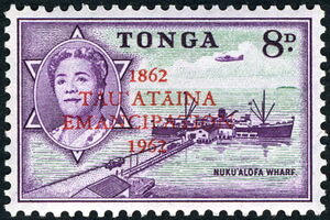 Stamp: Nuku'alofa Wharf (Tonga(Centenary of Emancipation) Mi:TO 123,Sn ...