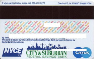 Bank Card: ChecKing Card (City & Suburban Federal Savings Bank, United ...