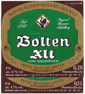 Drink Label: Bolten Alt (Privatbrauerei Bolten, Germany, Federal ...