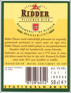 Drink Label: Ridder Pilsener Bier (Brouwerij De Ridder, NetherlandsCol ...
