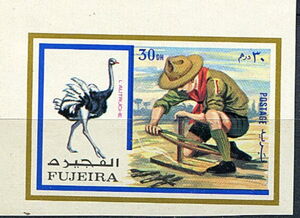 Stamp: Ostrich (Struthio camelus) and Boy Scout (Fujairah (Fujeira ...