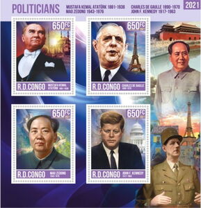 Stamp: Famous politicians Kennedy, Stalin, Churchill, DeGaulle, Mao ...