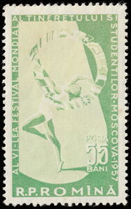 Stamp: Girl with Flag Ribbon (Romania(6th World Festival of Youth and ...