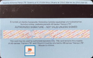 Bank Card: Hansabankas VISA ELECTRON (Hansabankas, LithuaniaCol:LT-VE ...