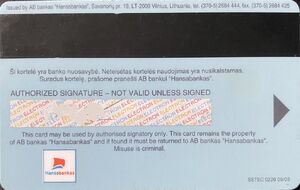 Bank Card: Hansabankas VISA ELECTRON (Hansabankas, LithuaniaCol:LT-VE-0034