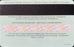 Bank Card: Hansabankas VISA ELECTRON (Hansabankas, LithuaniaCol:LT-VE-0037