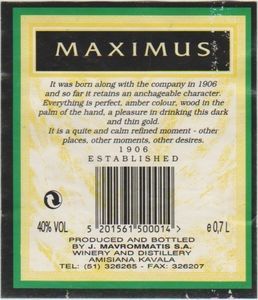 Drink Label: Maximus (Mavrommatis J. S.A., GreeceCol:GR-COGNA-000002