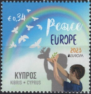 Stamp: Child, Peace Doves and Rainbow (Cyprus(Europa (C.E.P.T.) 2023 ...